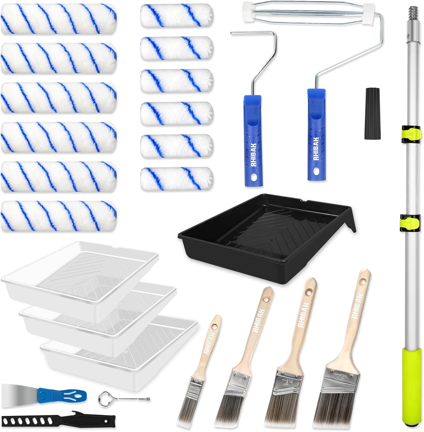Paint Roller Kit with Extension Pole, 27 Piece Set, 2 to 4 Ft Pole, 4 ...